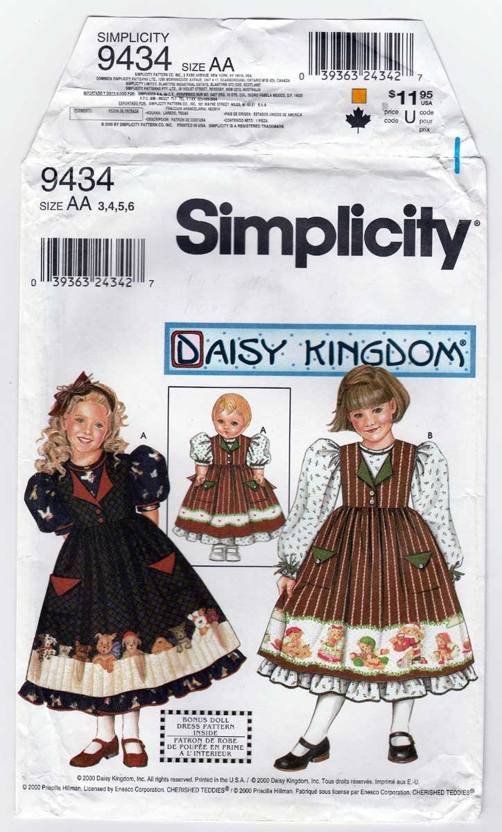 Simplicity 9434 Daisy Kingdom Girl's Dress/Pinafore, Doll Dress for 18 ...