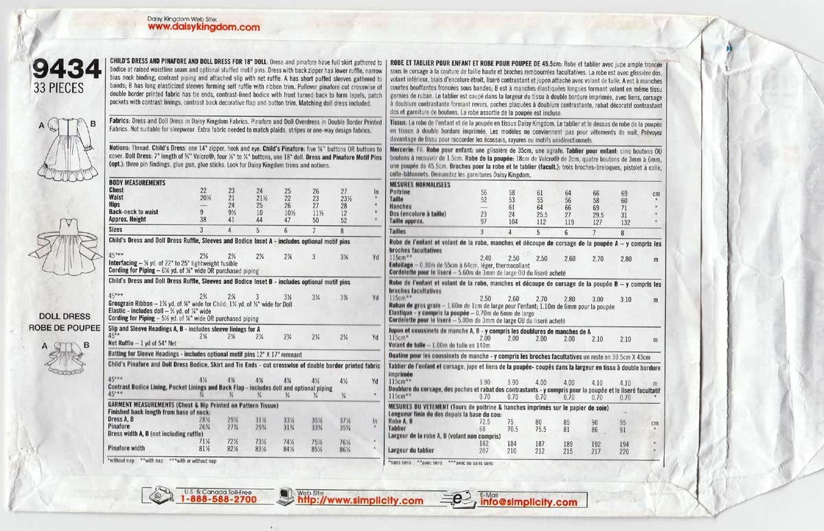 Simplicity 9434 Daisy Kingdom Girl's Dress/Pinafore, Doll Dress for 18 ...