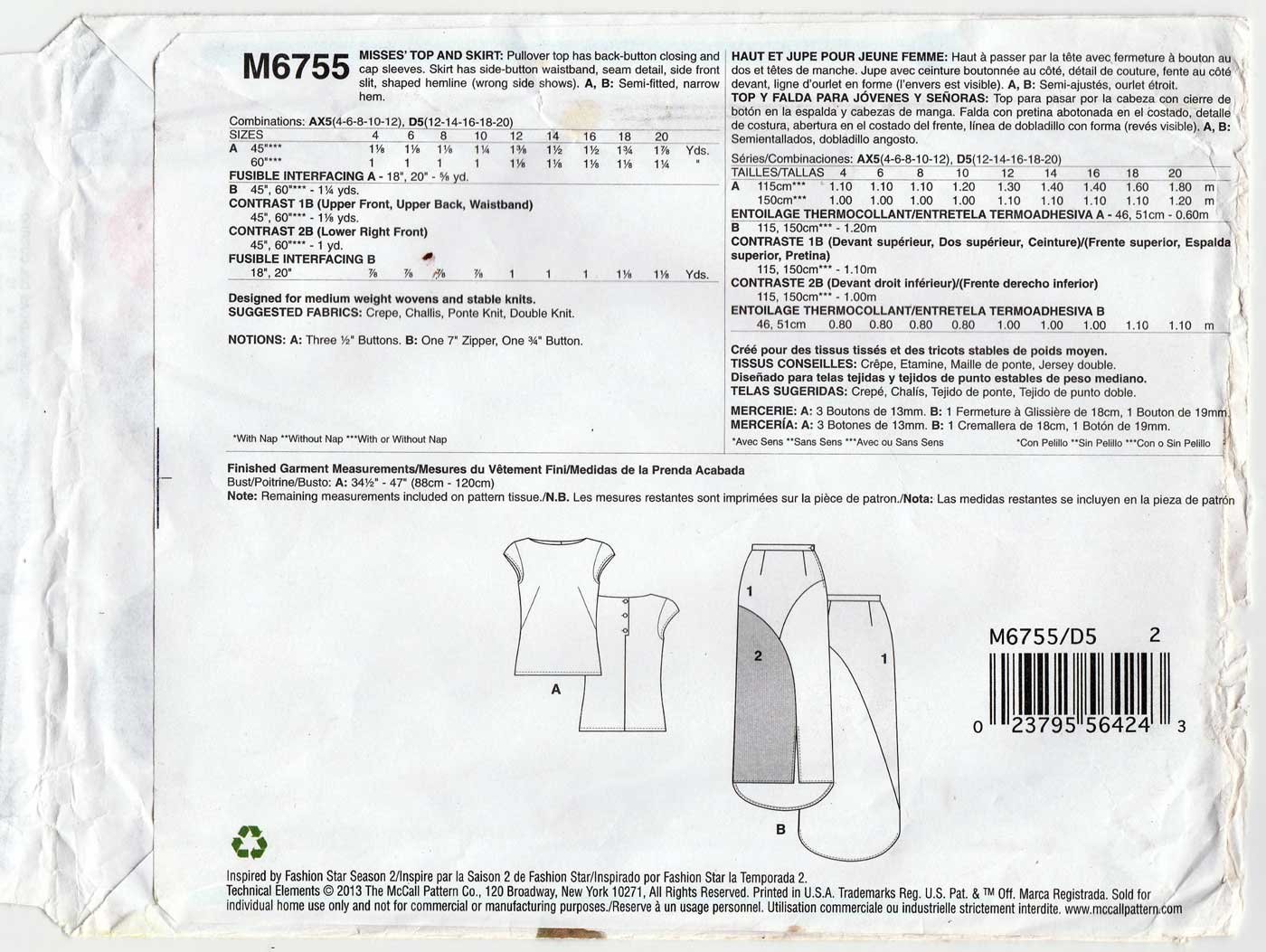 McCall's M6755 6755 Women's Top and Skirt Sewing Pattern Size 12-14-16 ...