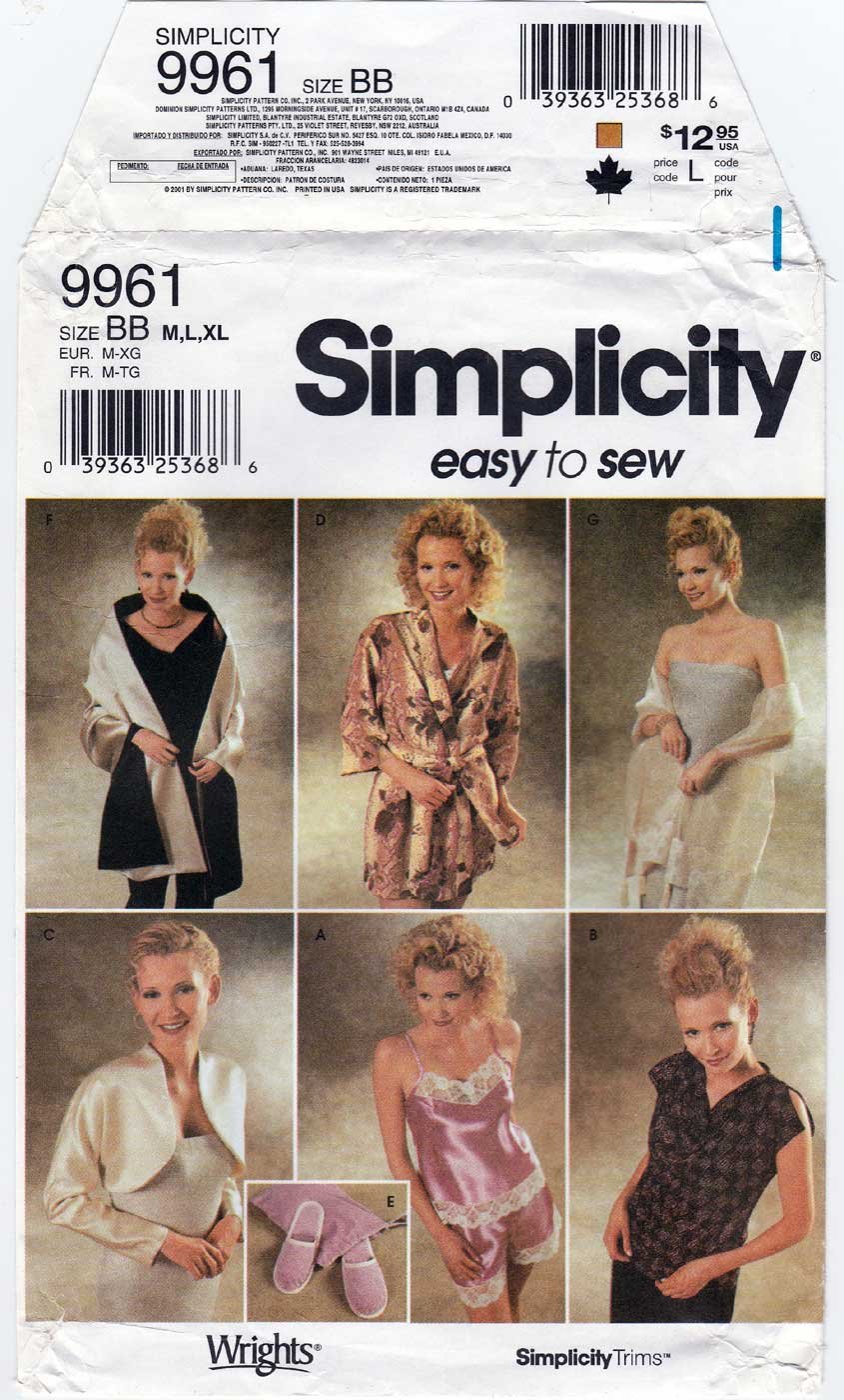 Simplicity 9961 Women's Camisole, Tap Pants, Top, Shrug, Robe Pattern ...