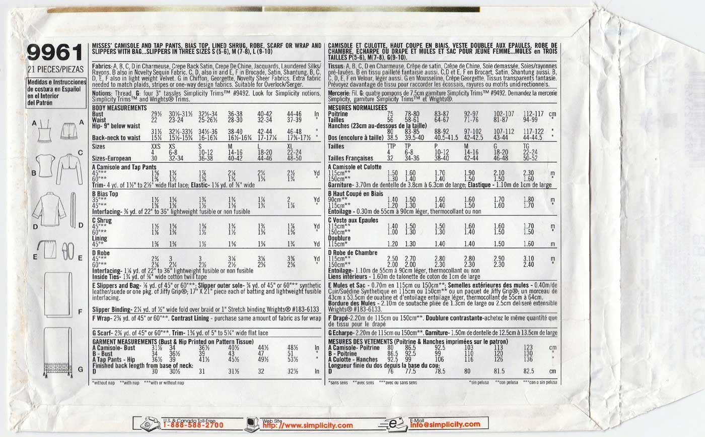 Simplicity 9961 Women's Camisole, Tap Pants, Top, Shrug, Robe Pattern ...