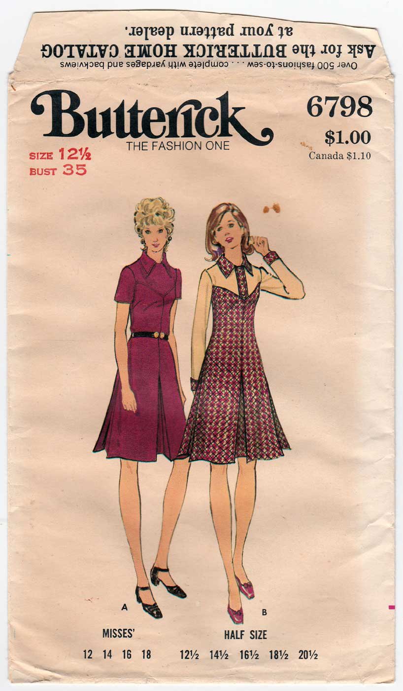 Butterick 6798 Vintage 1970's A-Line Dress Pattern Size 12 1/2 Bust 35 ...