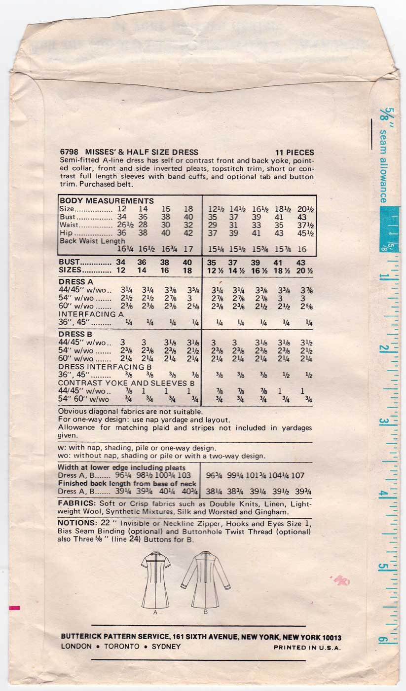 Butterick 6798 Vintage 1970's A-Line Dress Pattern Size 12 1/2 Bust 35 ...