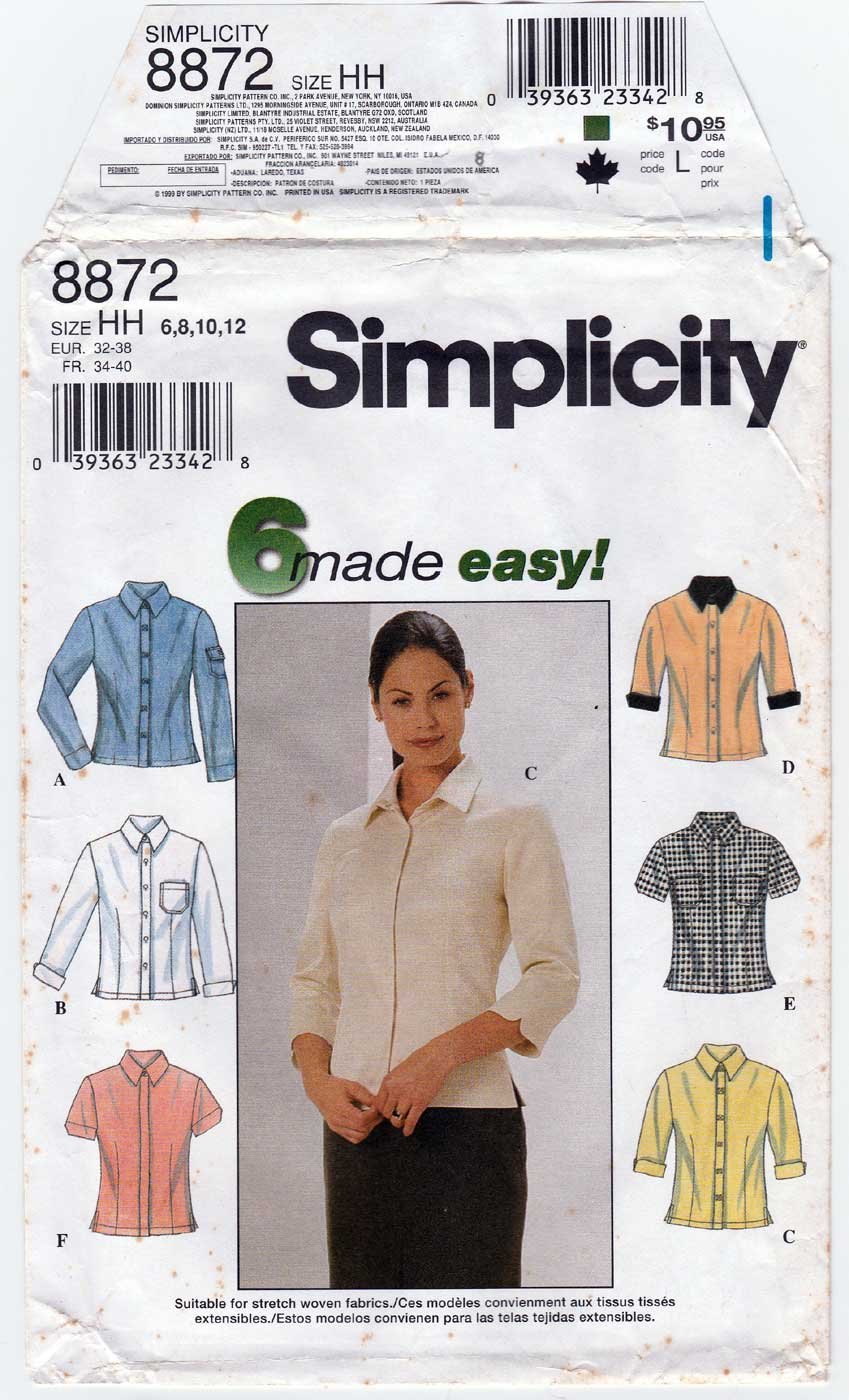 Simplicity 8872 Women's Shirt Sewing Pattern Size 6-8-10-12 UNCUT