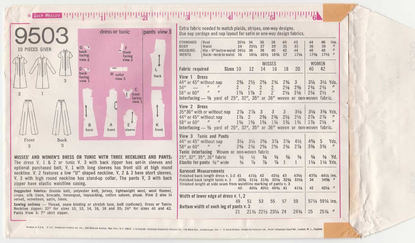 Simplicity 9503 Vintage 1970's Dress, Tunic, Pants Sewing Pattern ...