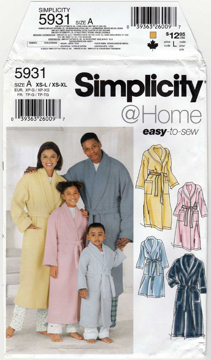 Simplicity 5931 Wrap Robe Sewing Pattern for Children, Teens, Men and ...