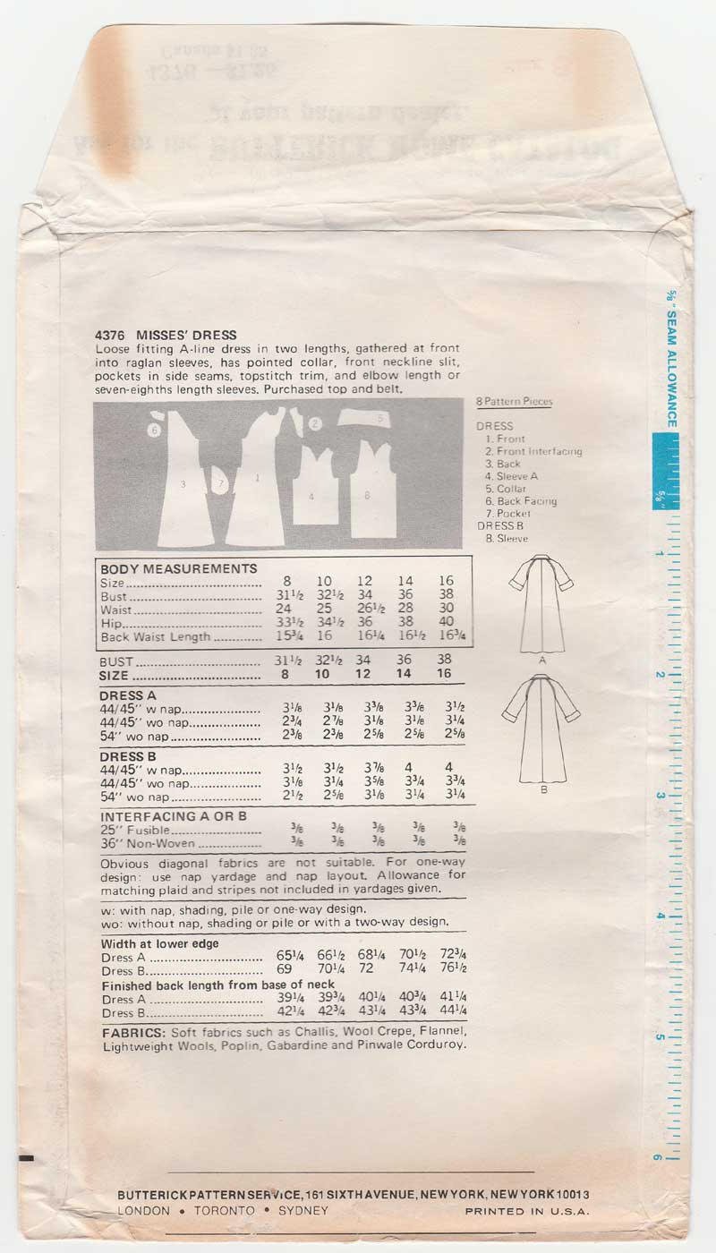 Butterick Pattern 4376 Vintage 1970's Women's A-Line Dress, Misses Size ...