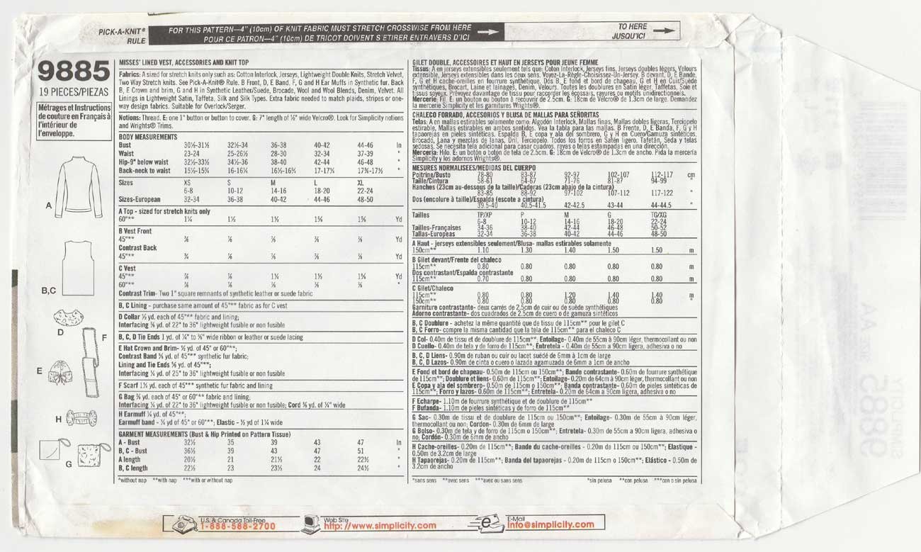 Simplicity Pattern 9885 Women's Lined Vest, Knit Top, Hat, Scarf, Bag ...