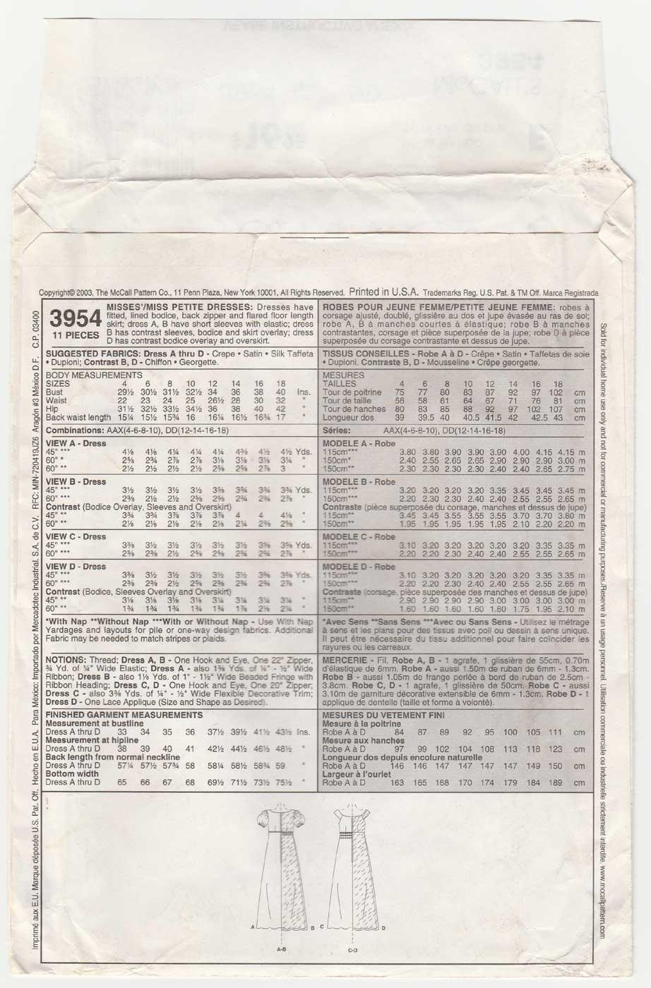 McCall's 3954 Evening Dress Sewing Pattern, Misses / Petite Size 12-14-16-18 UNCUT