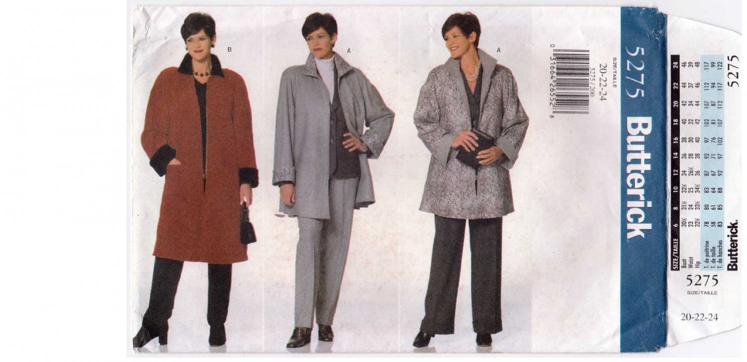 Butterick 5275 Women's Reversible Coat Sewing Pattern Plus Size 20-22 ...