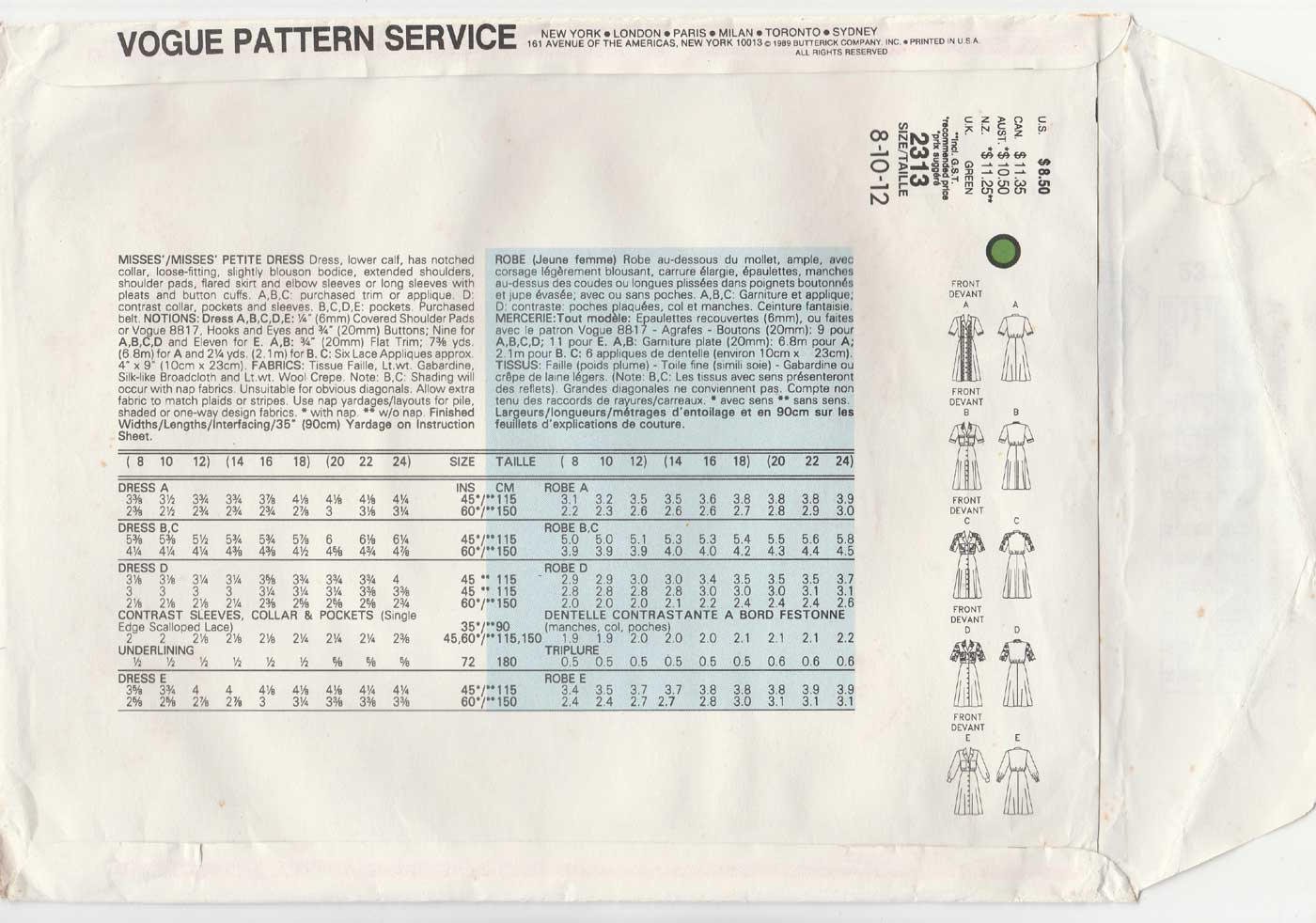 Vogue Basic Design Pattern 2313 UNCUT Shirtwaist Button Front Dress ...