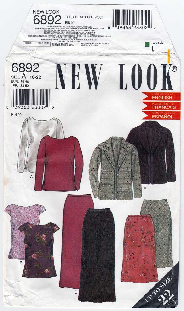 New Look Pattern 6892 Women's Top, Jacket and Skirt Size 10-12-14-16-18 ...