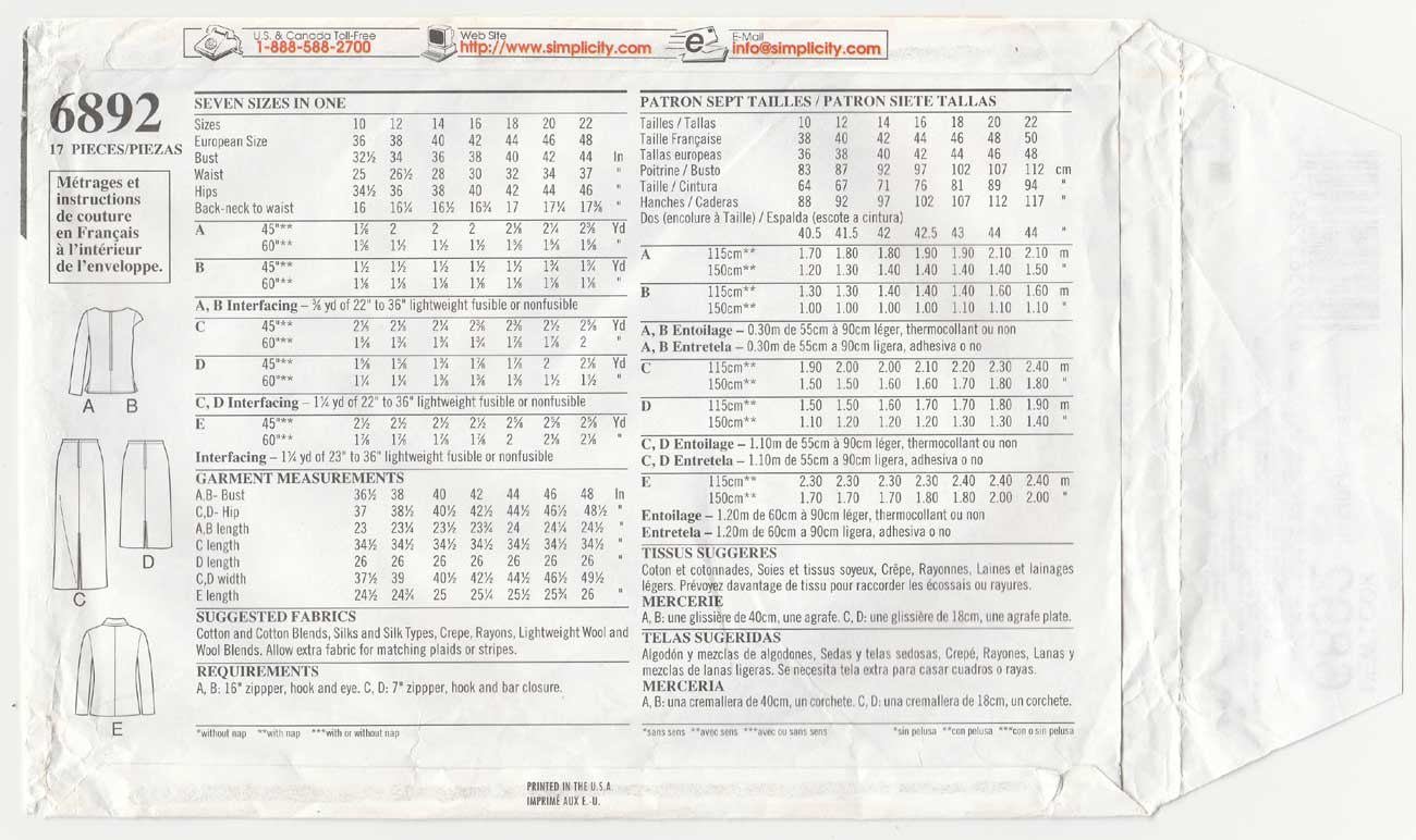 New Look Pattern 6892 Women's Top, Jacket and Skirt Size 10-12-14-16-18 ...