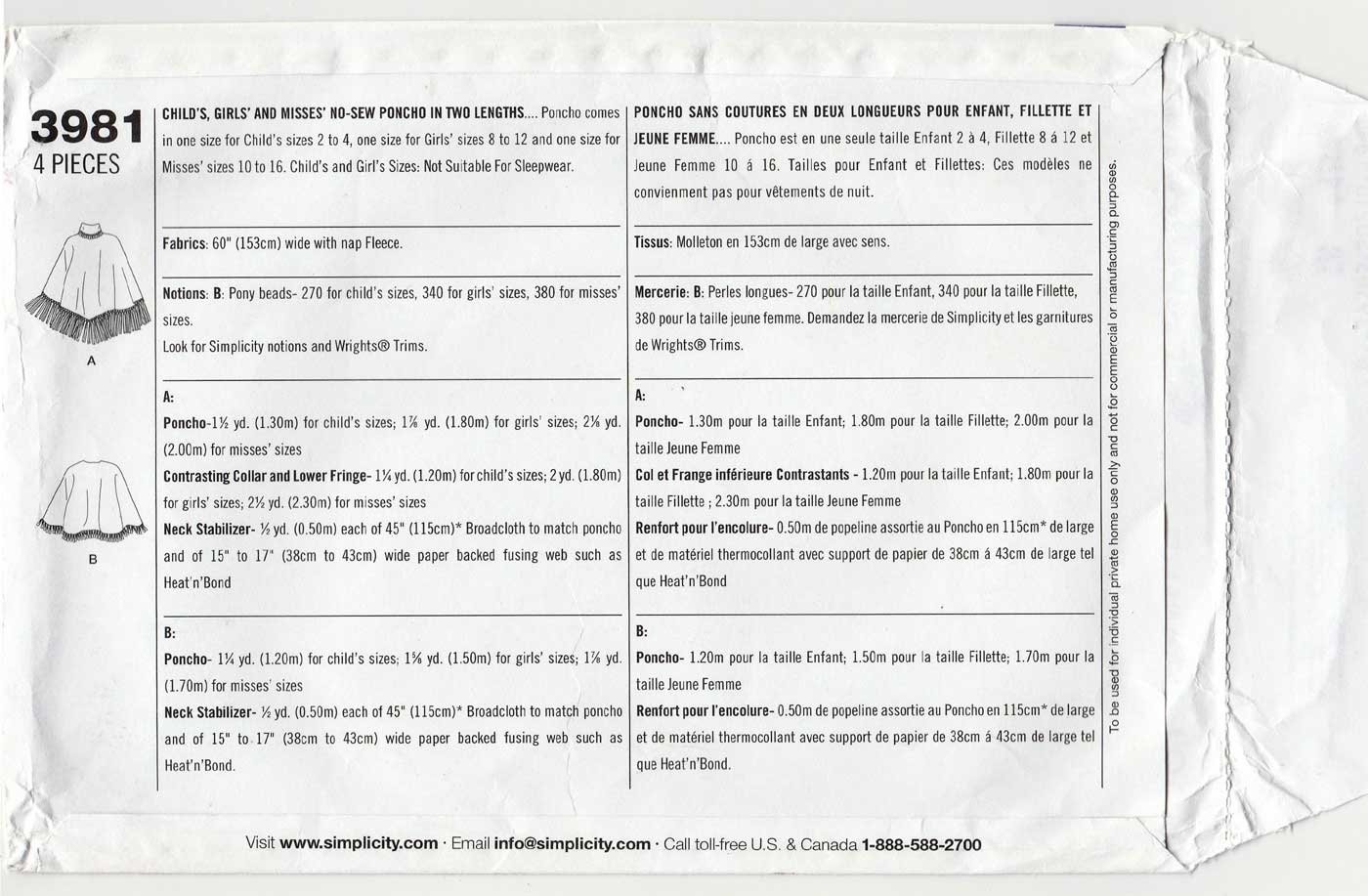 Simplicity 3981 No-Sew Fleece Poncho Pattern Size Child 2-4, Girls 8-12 ...