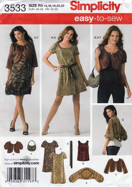 Simplicity Pattern 3533 Dress, Top, Jacket, Shrug, Belt and Bag Size 14 ...