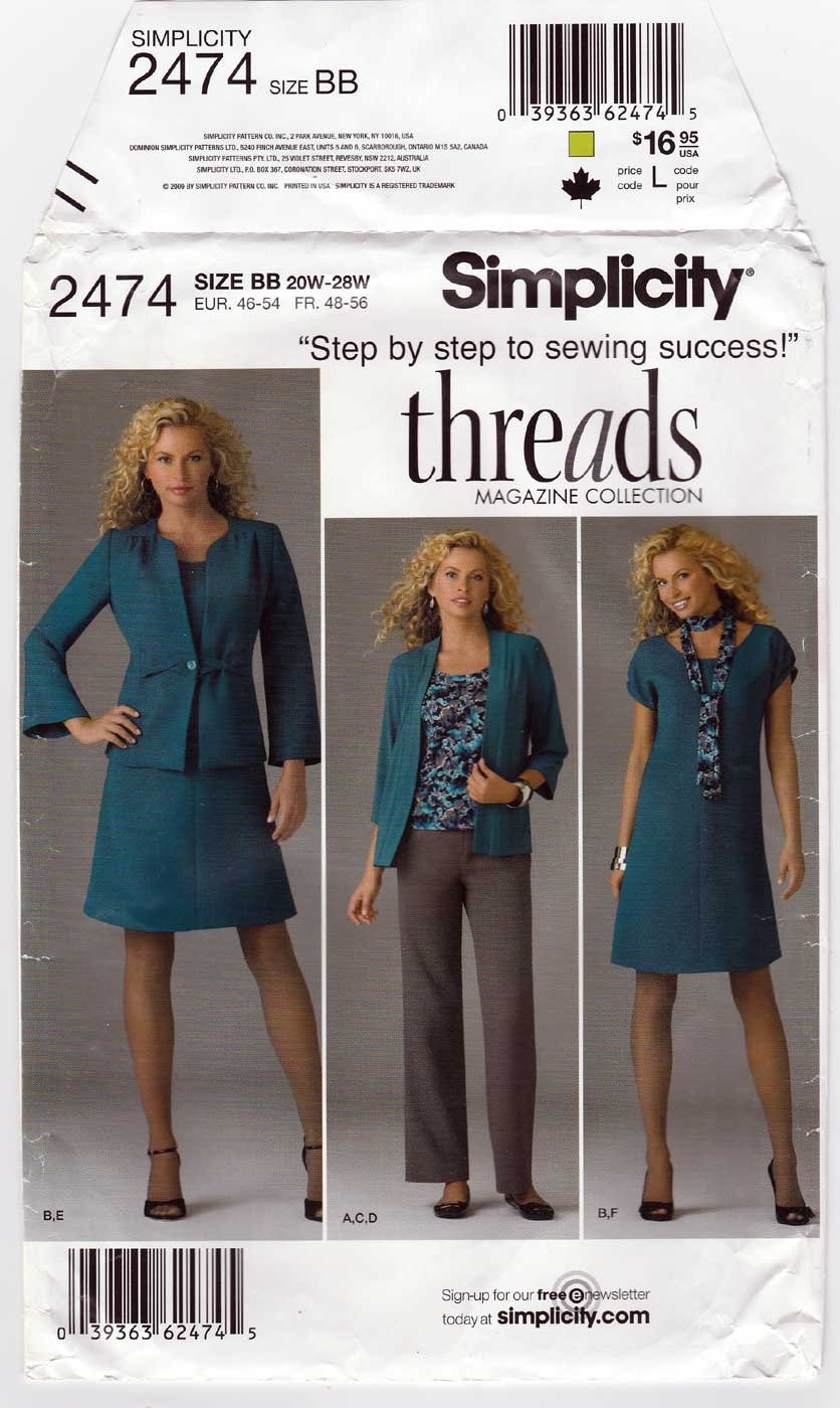 Simplicity Pattern 2474 Dress, Top, Pants, Jacket, Cardigan Size 20W ...
