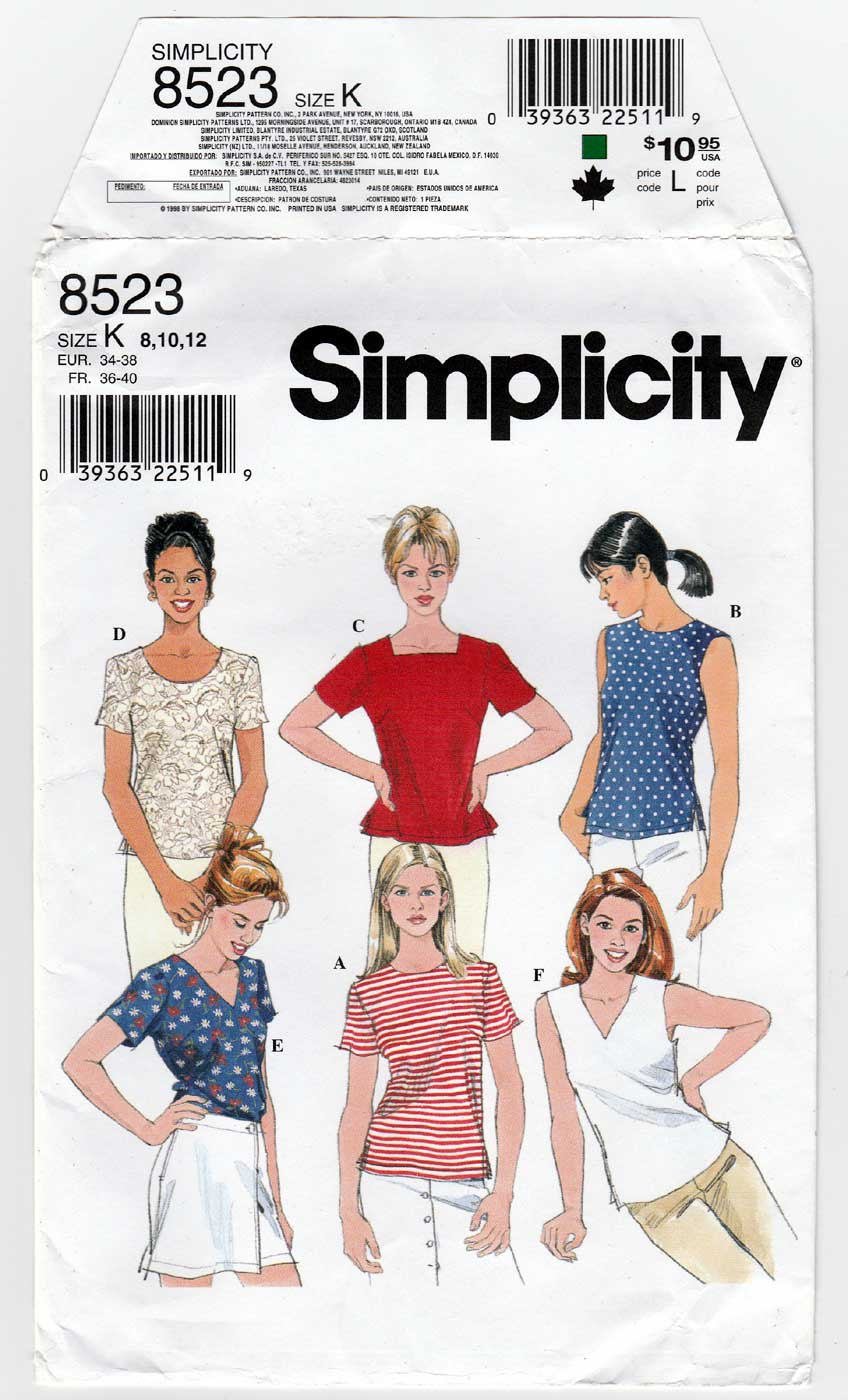 Simplicity 8523 Women's Top Sewing Pattern, Sleeveless or Short Sleeves ...