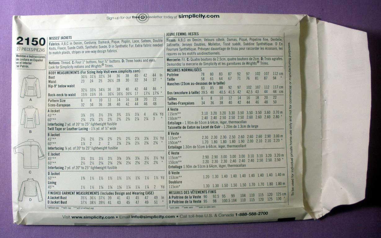 Simplicity 2150 Women's Jacket, Blazer, Coat, Pattern Threads ...