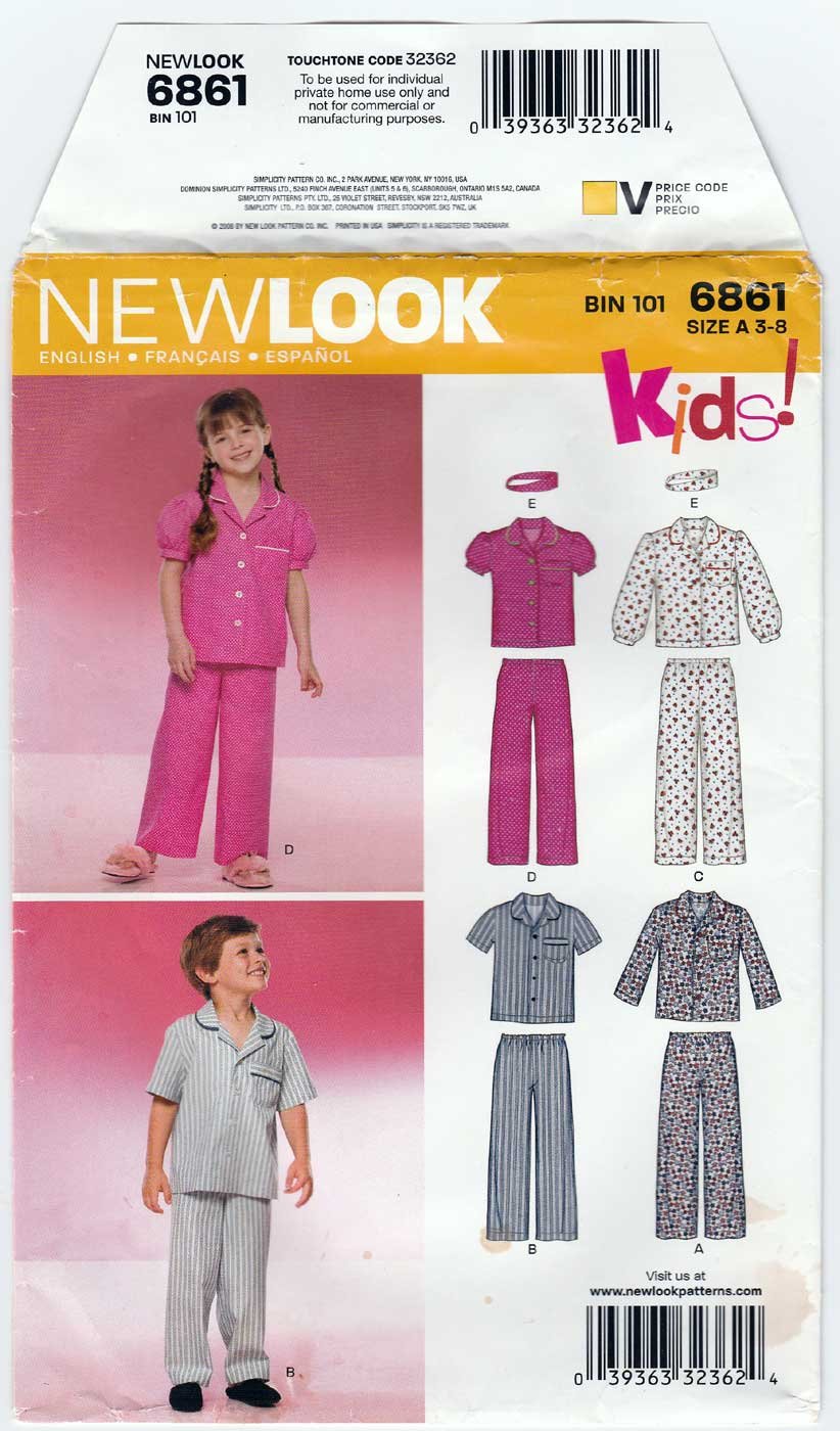 New Look 6861 Sewing Pattern for Boy's and Girl's Pajamas Child Size 3 ...
