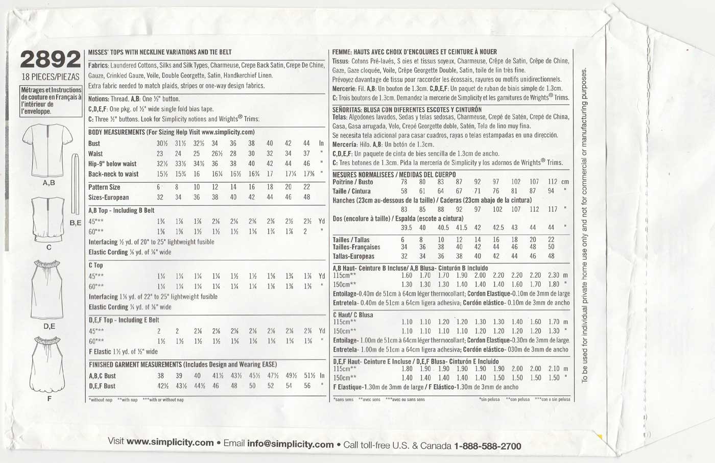 Simplicity Pattern 2892 Summer Shirts, Sleeveless Tops, Misses' Size 6 ...