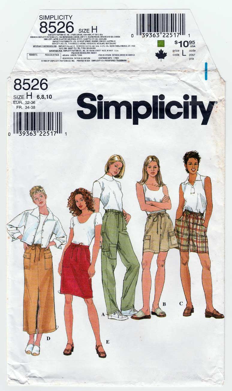 Simplicity 8526 Pants, Shorts, Skirt Pattern, Elastic and Drawstring Waist, Size 6-8-10 UNCUT