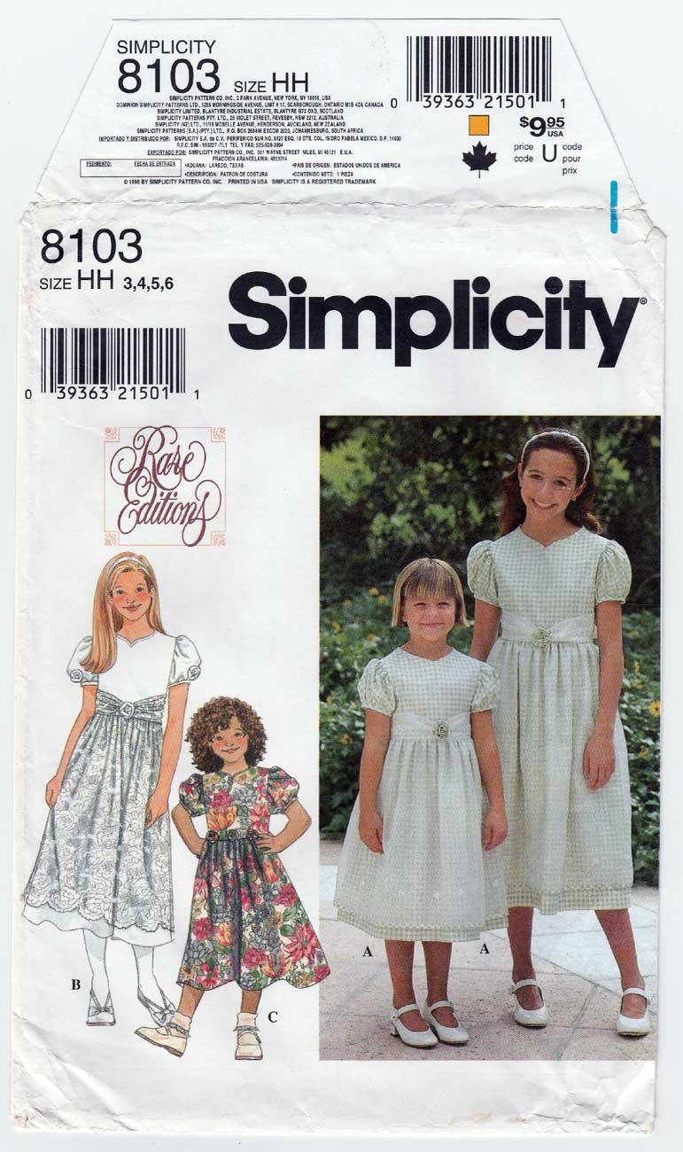 Simplicity 8103 Girls Dress Sewing Pattern, Short Puffed Sleeves, Full ...