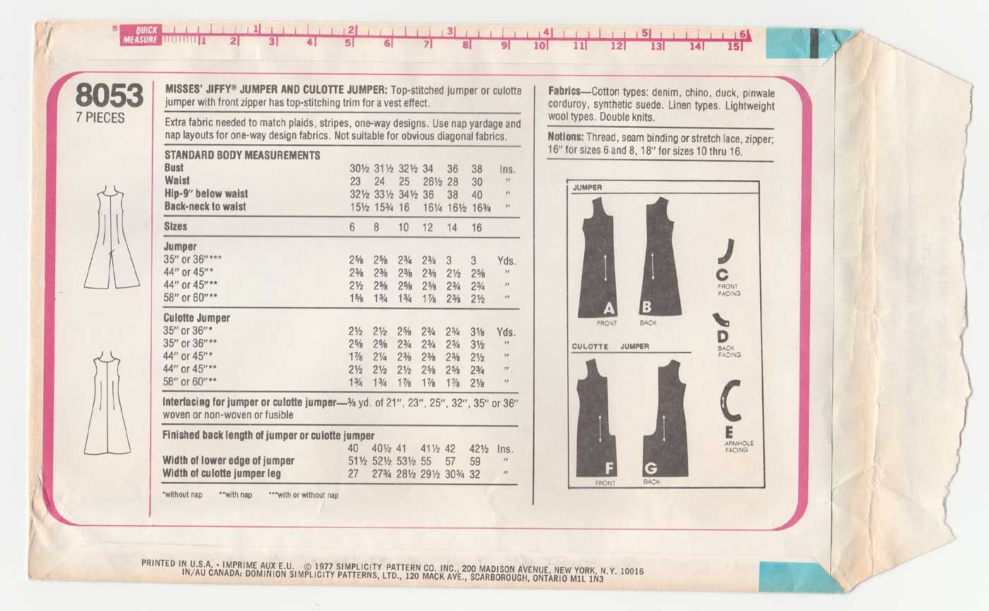 Simplicity 8053 UNCUT Women's Jumper and Culotte Jumper Sewing Pattern ...