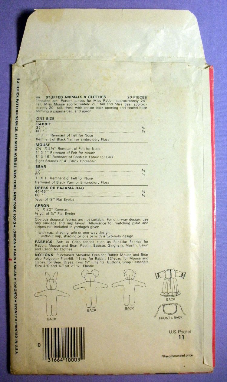 Butterick 203 4533 UNCUT Craft Pattern Stuffed Bunny Rabbit, Bear ...