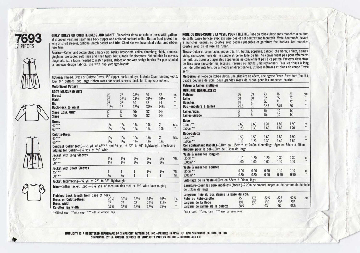 Simplicity 7693 Girl's Sleeveless Dress or Culotte-Dress and Jacket ...