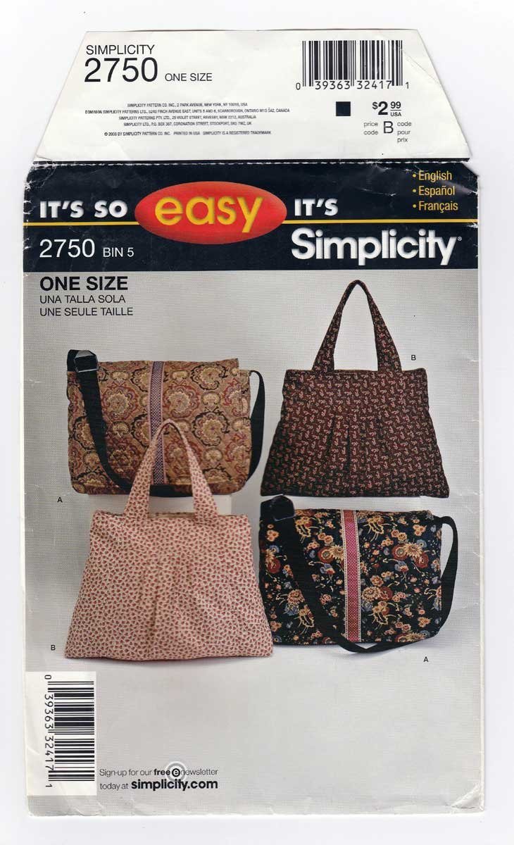 Simplicity 2750 Messenger Bag and Handbag Easy to Sew Sewing Pattern UNCUT