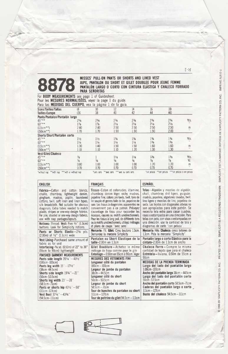 Simplicity 8878 Women's Pull-on Pants, Shorts and Vest Sewing Pattern ...