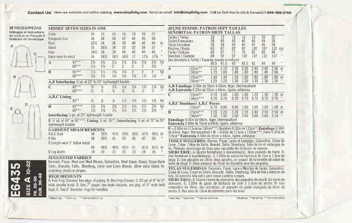 New Look E6435 6435 Jacket, Vest, Pants, Purse Pattern Misses' Size 10 ...