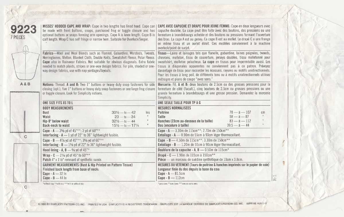 Simplicity 9223 Women's Hooded Cape and Wrap Sewing Pattern, Fits Bust ...