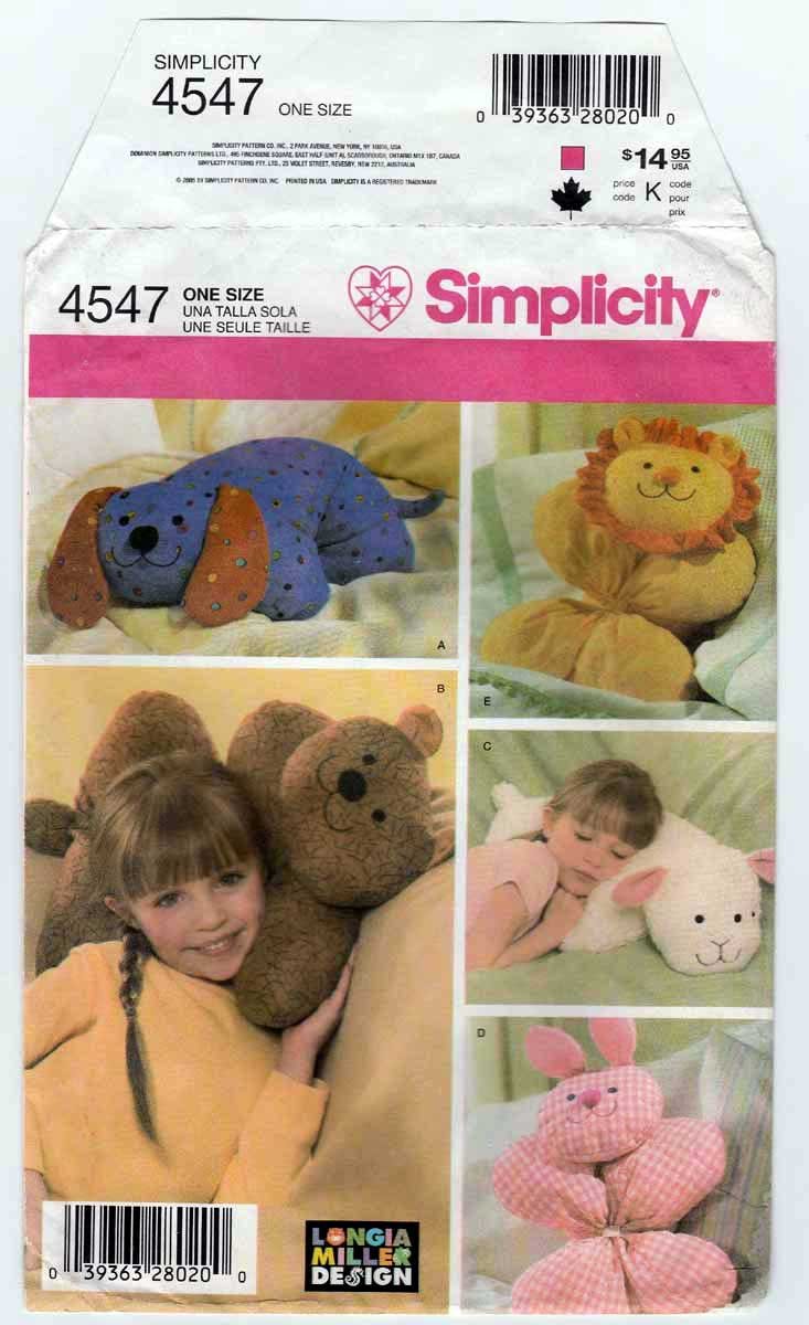 Child's Animal Snuggle Pillows Sewing Pattern, Dog, Bear, Lamb, Bunny ...