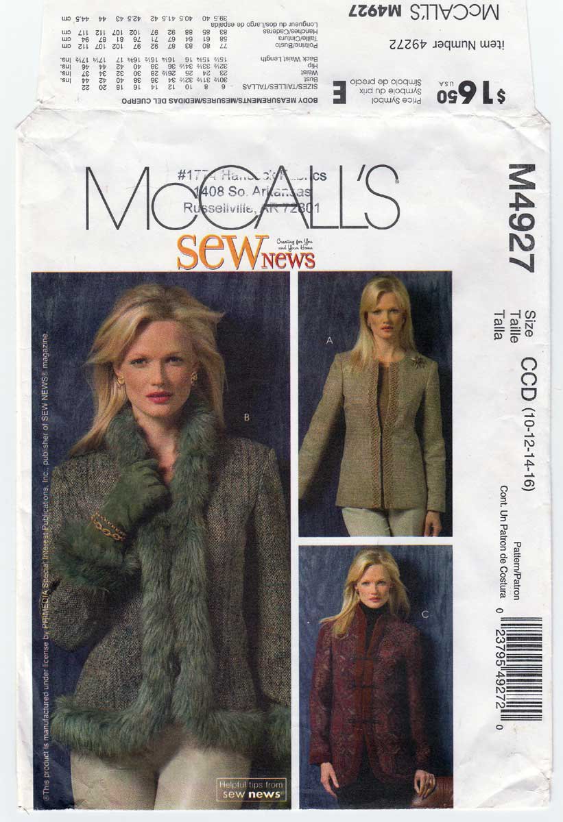 Women's Lined Jacket Sewing Pattern in 3 Lengths, Misses' Size 10-12-14 ...