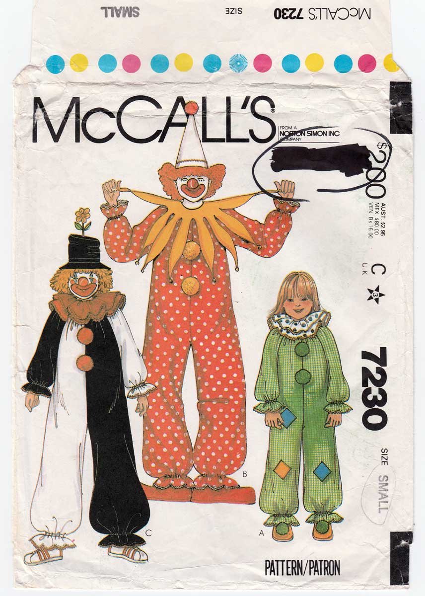 Adult Clown Costume Sewing Pattern, Halloween or Birthday, Size Small ...