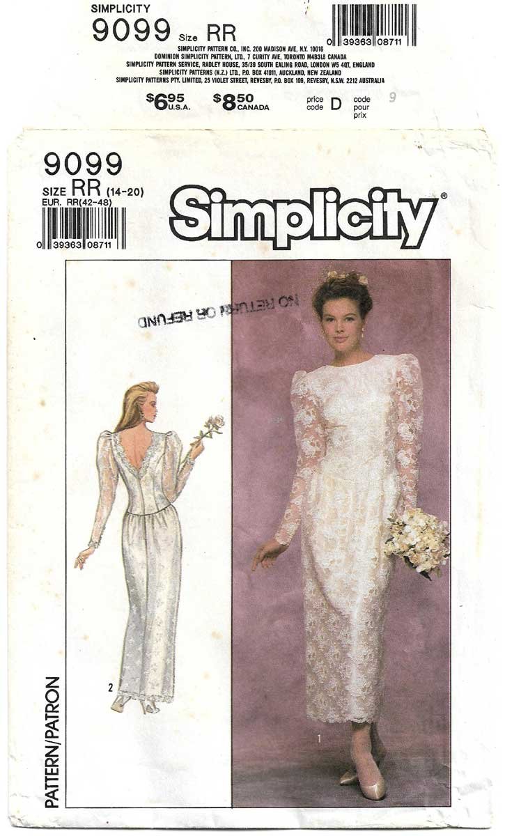 Wedding Gown, Lace Dress, V-Back, Bridesmaid Dress Pattern Size 14-16 ...