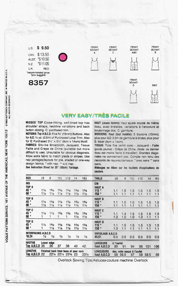 Women's Spaghetti Strap Top, Cami, Camisole Sewing Pattern Misses' Size ...