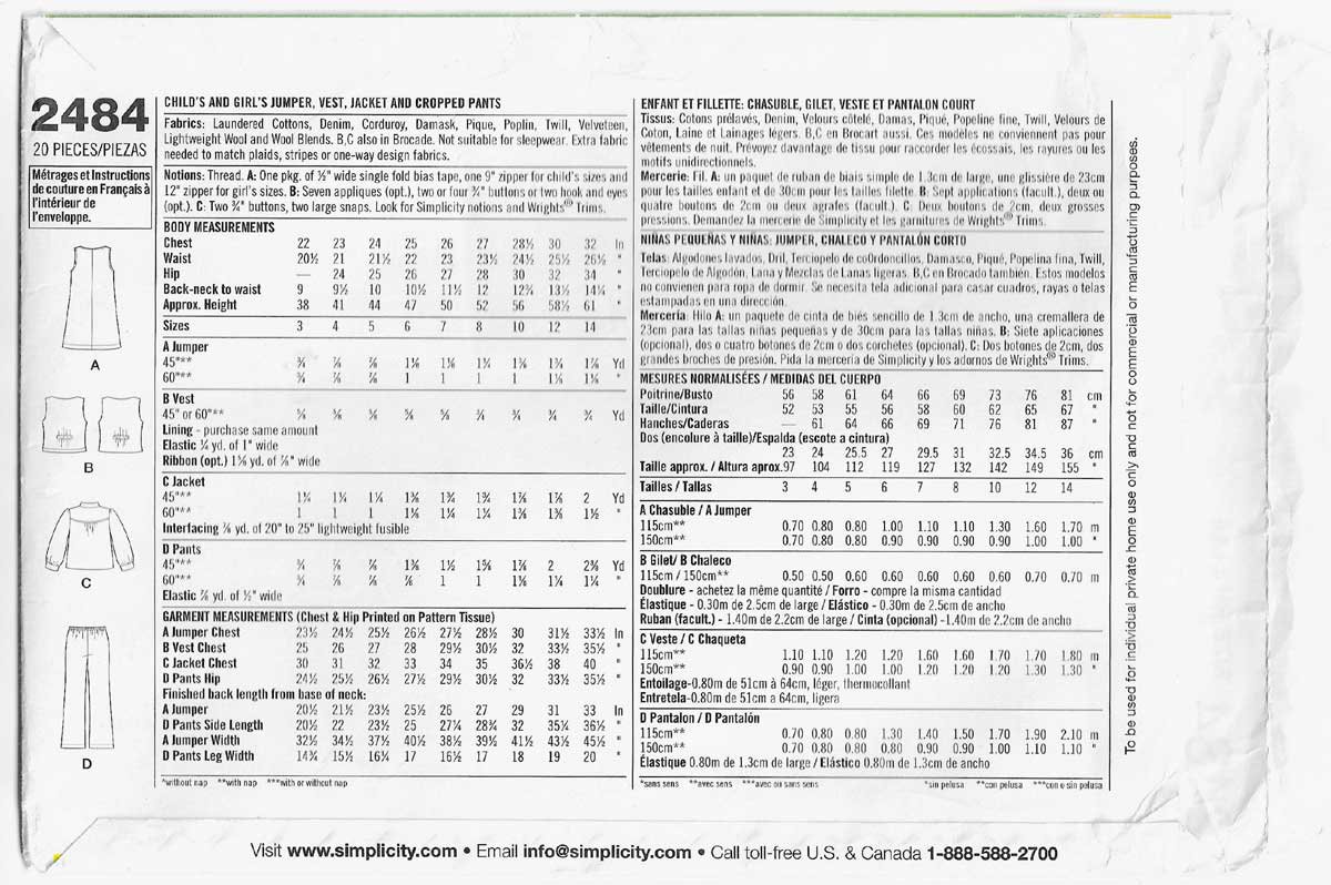 Girl's Jumper, Vest, Jacket and Cropped Pants Sewing Pattern Size 3-4-5 ...