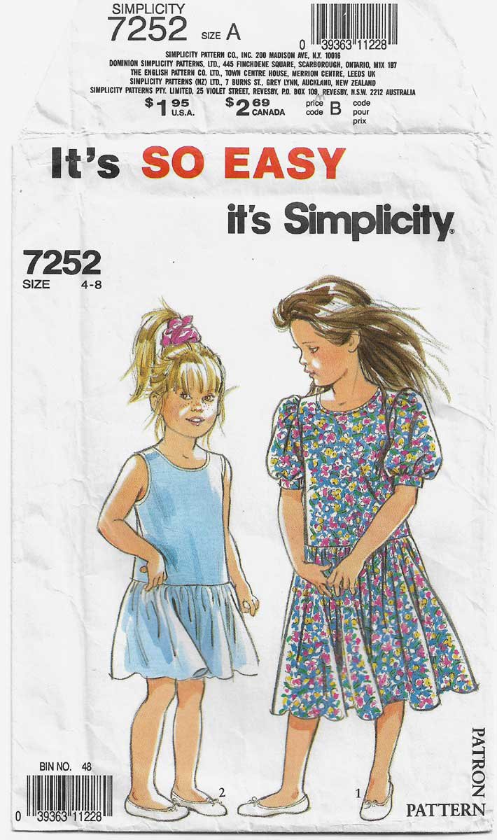Girl's Dress Sewing Pattern Child Size 4-5-6-7-8 UNCUT Simplicity 7252