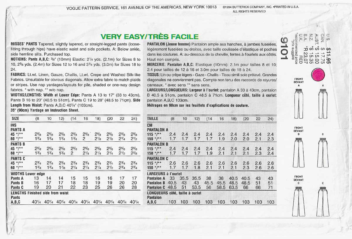 Women's Elastic Waist Pants Sewing Pattern Size 20-22-24 UNCUT Very ...