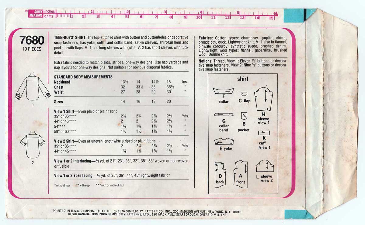 Teen Boy's Shirt Sewing Pattern Size 18 Chest 35" Neck 14 1/2" UNCUT ...