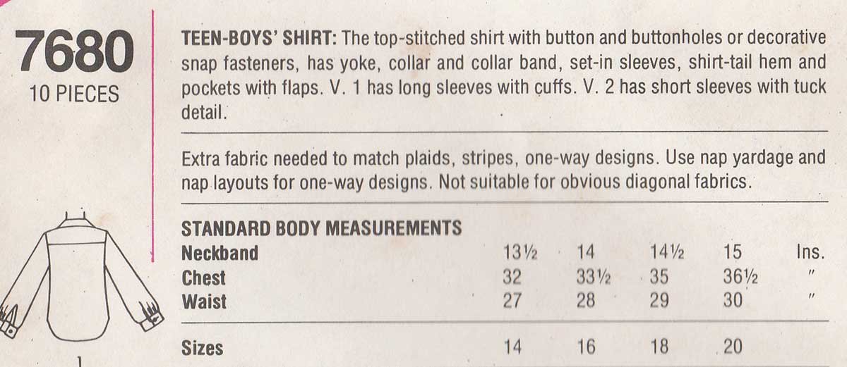 Teen Boy's Shirt Sewing Pattern Size 18 Chest 35" Neck 14 1/2" UNCUT ...