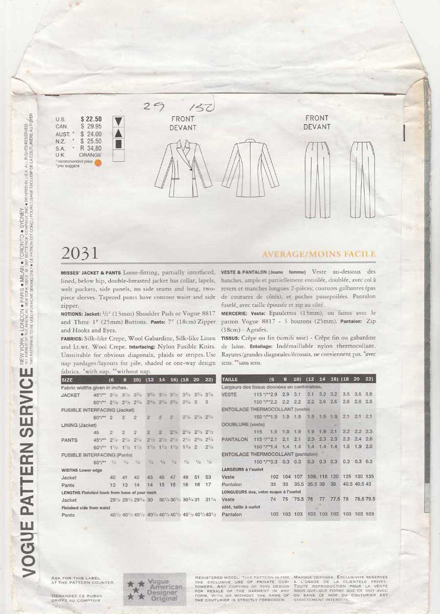 American Designer Calvin Klein Jacket and Pants Sewing Pattern Misses ...