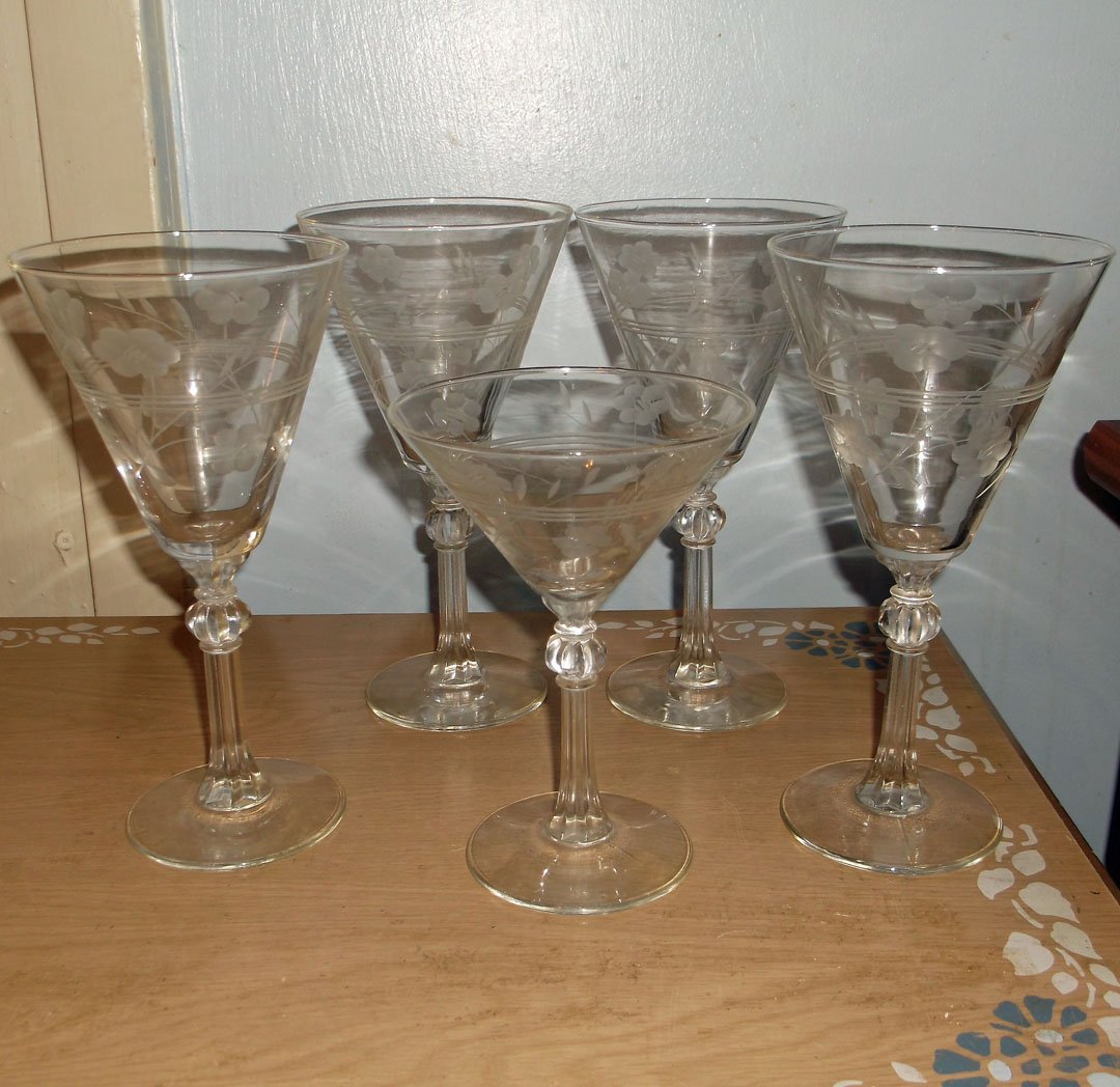 Vintage Libbey Cut glass Wine Goblets with Faceted Stems