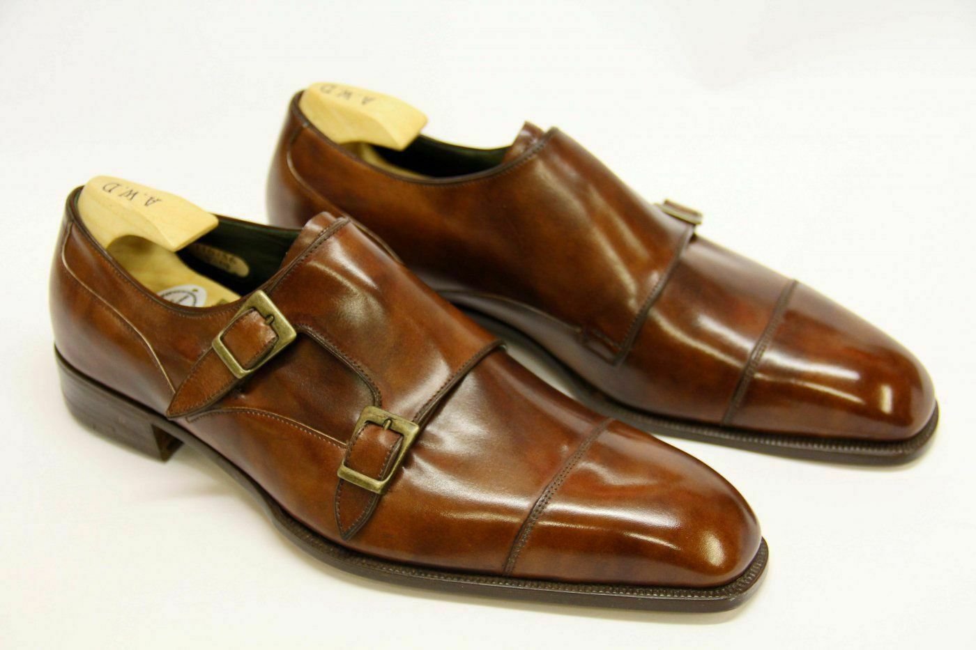 Shiny Brown Monk Double Buckle Strap Derby Cap Toe Genuine Leather ...