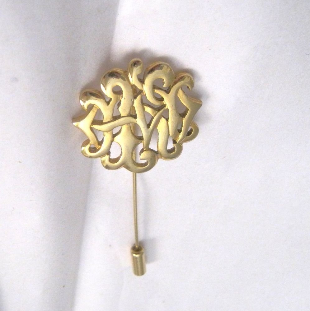 Vtg MJ ENT Monogram Script cut-out gold tone 2.75" Stick Pin