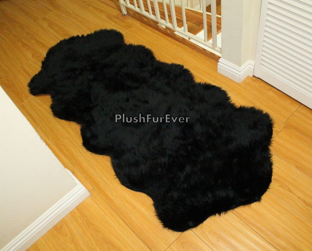2' x 6' Black Premium double sheepskin pelts faux fur runner sofa rugs f1