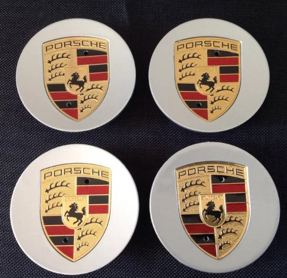 OEM Porsche Center Caps Made in Italy Silver 65mm, set of 4. Caps fit ...