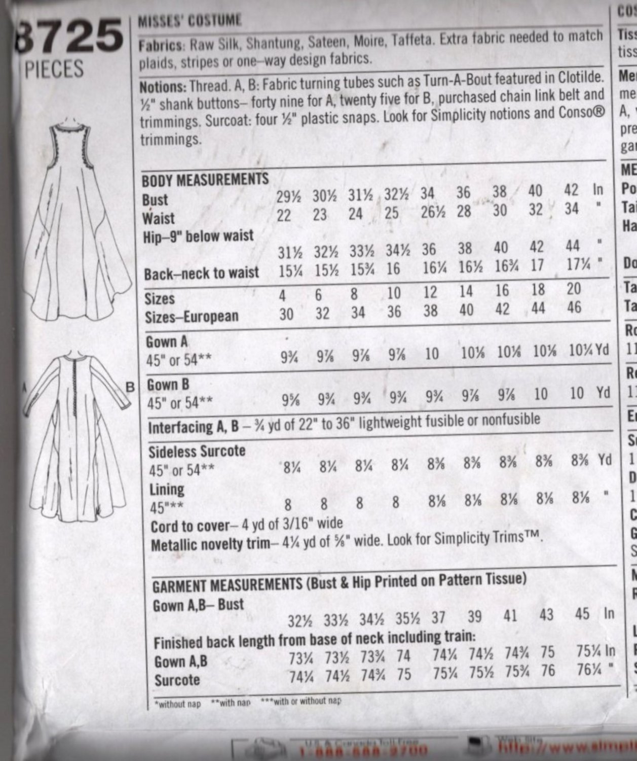 Misses Adult Medieval Costume Sewing Pattern Simplicity 8725 Sizes 10 ...